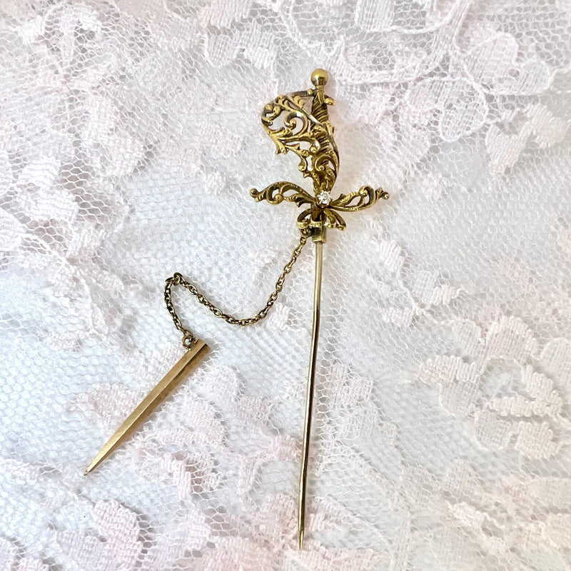 Antique Victorian Sword Jabot Pin, 14K